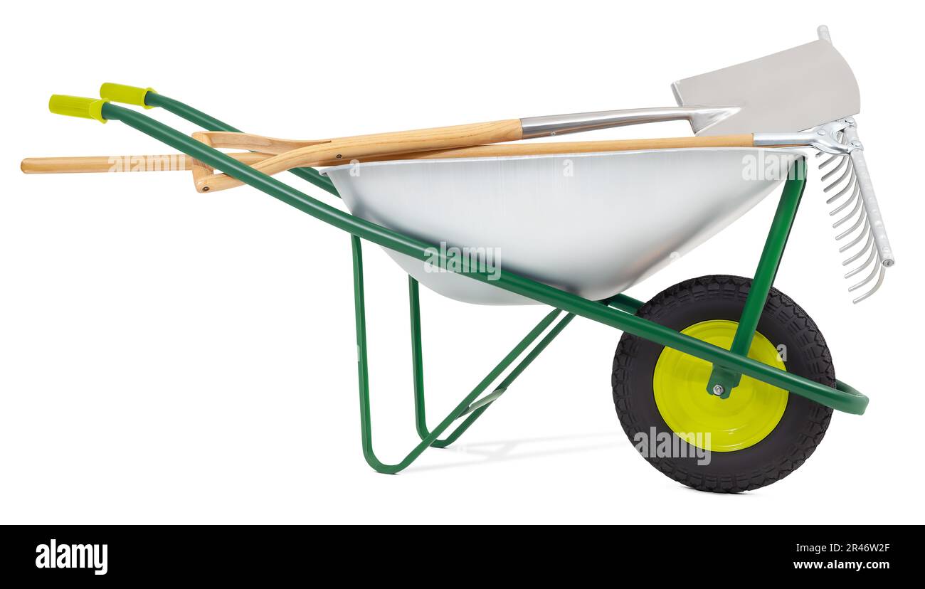 Wheelbarrow with rake and spade, isolated on white background with ...
