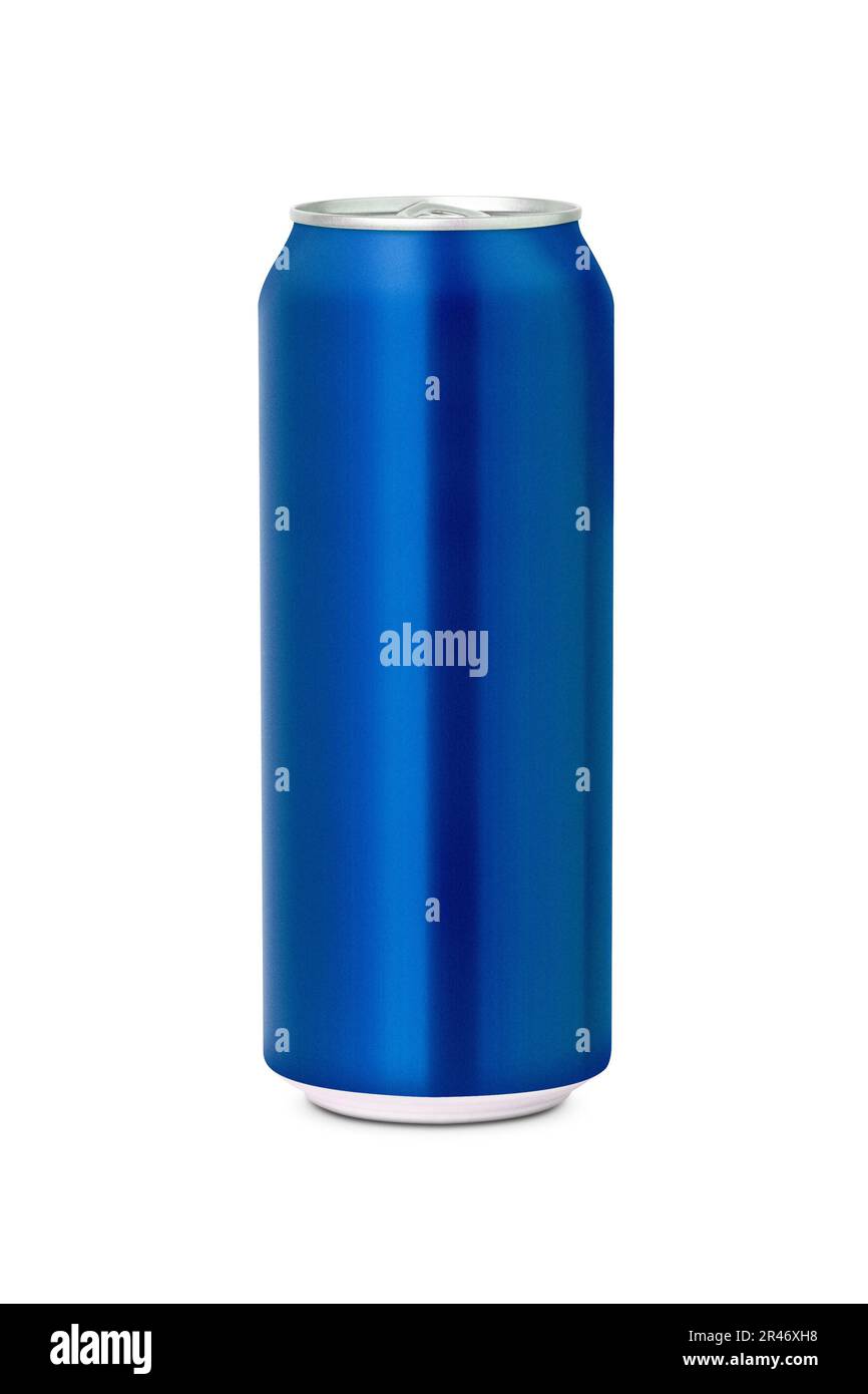 Blue 500ml and aluminium can, isolated on white background. With ...
