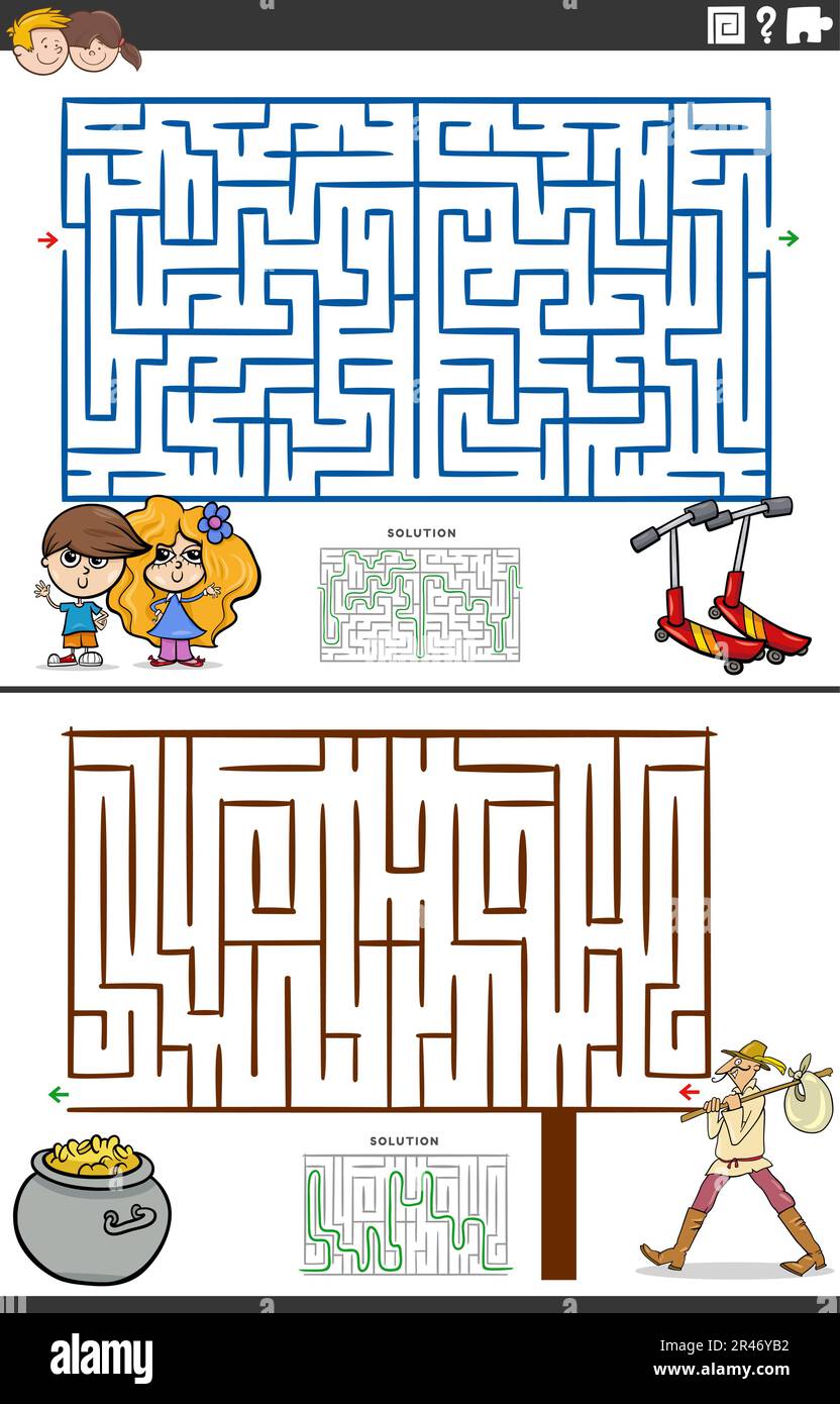 Cartoon illustration of educational maze puzzle games set with funny ...