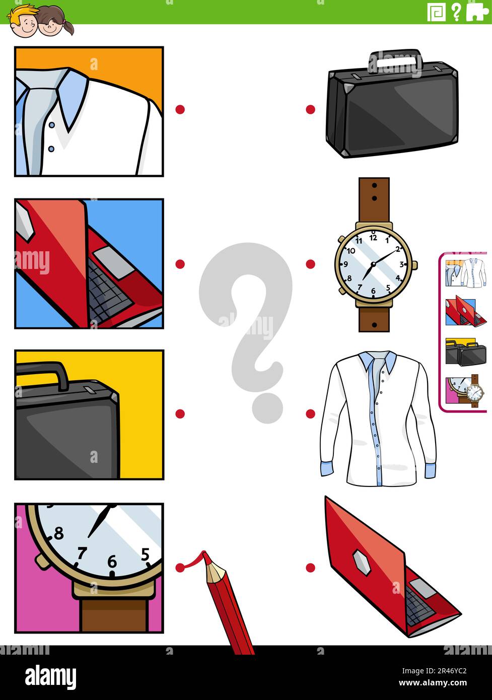 Cartoon illustration of educational matching activity with objects and ...