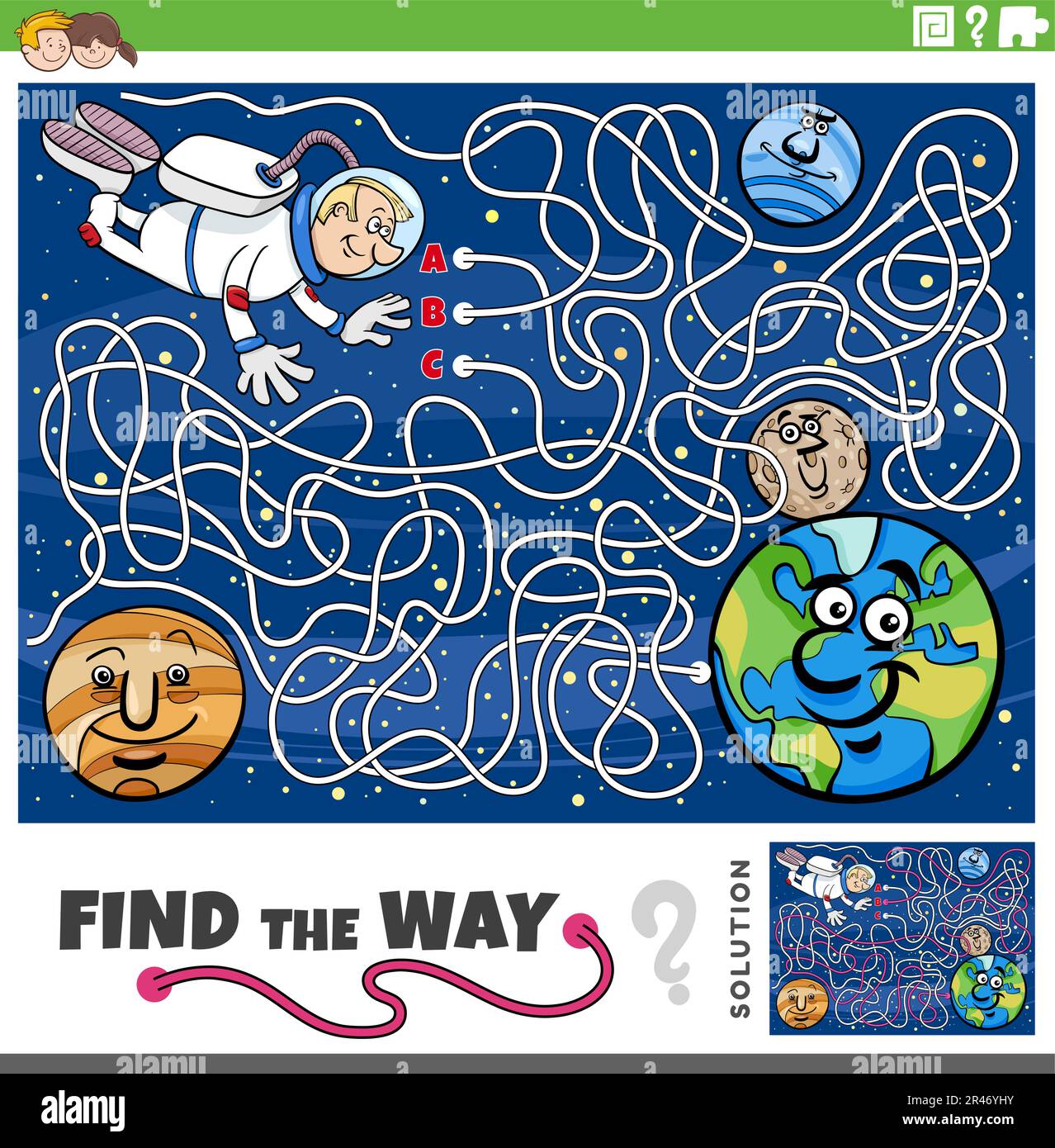 Cartoon illustration of find the way maze puzzle game with astronaut ...
