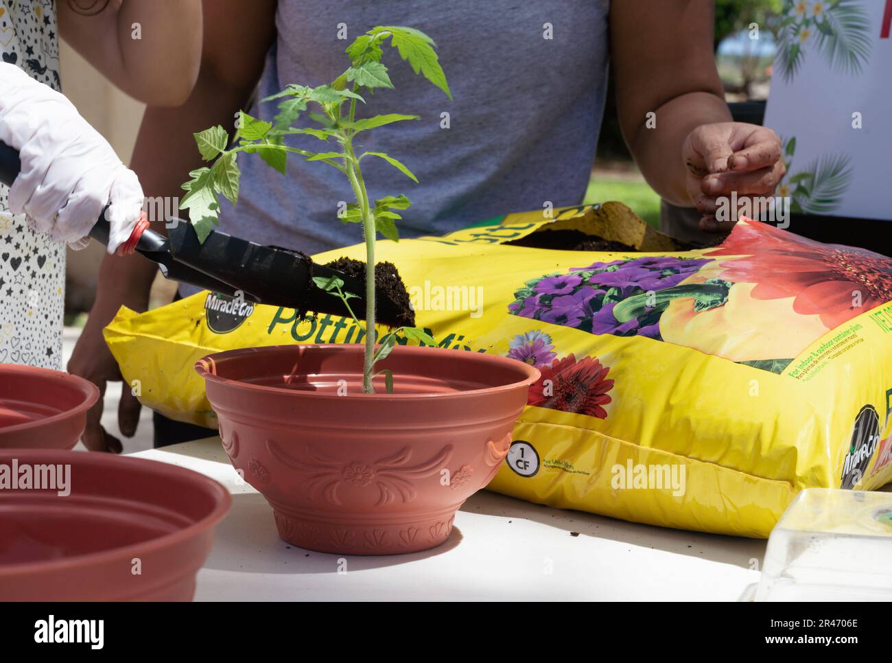 Grace Platt, a USO Andersen Air Force Base volunteer, helps a child pot ...