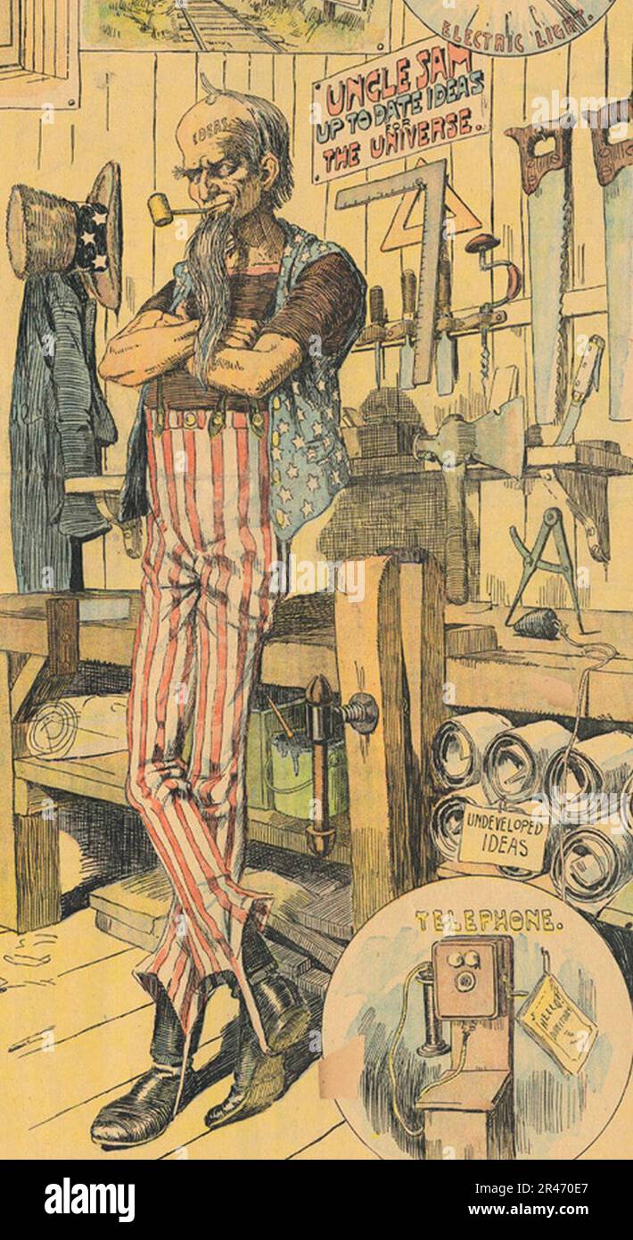 Uncle Sam in 1898 with ''IDEAS'' on his forehead and ''UNCLE SAM UP TO ...