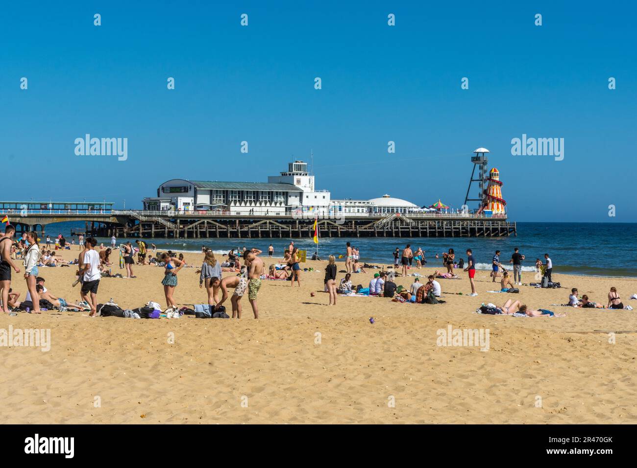 Bournemouth, UK - May 26th 2023: People on the beach in front of ...