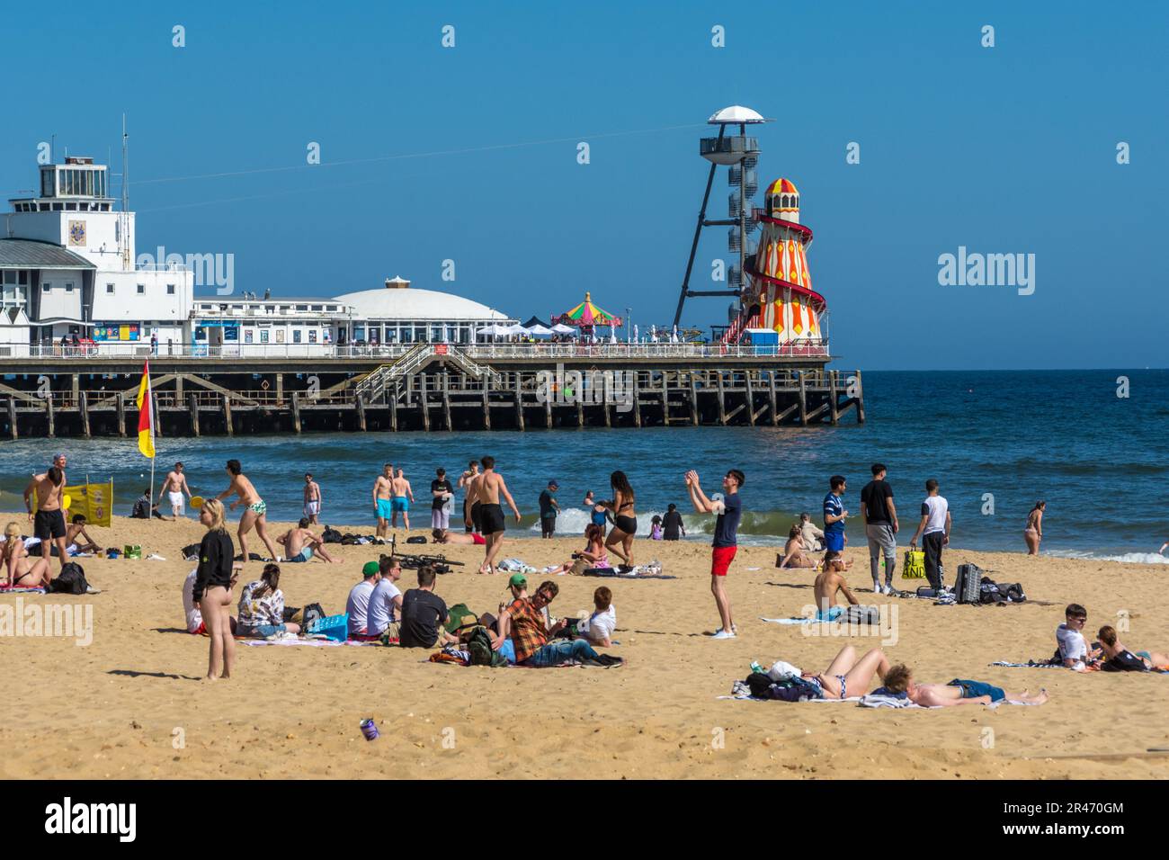 Bournemouth, UK - May 26th 2023: People on the beach in front of ...