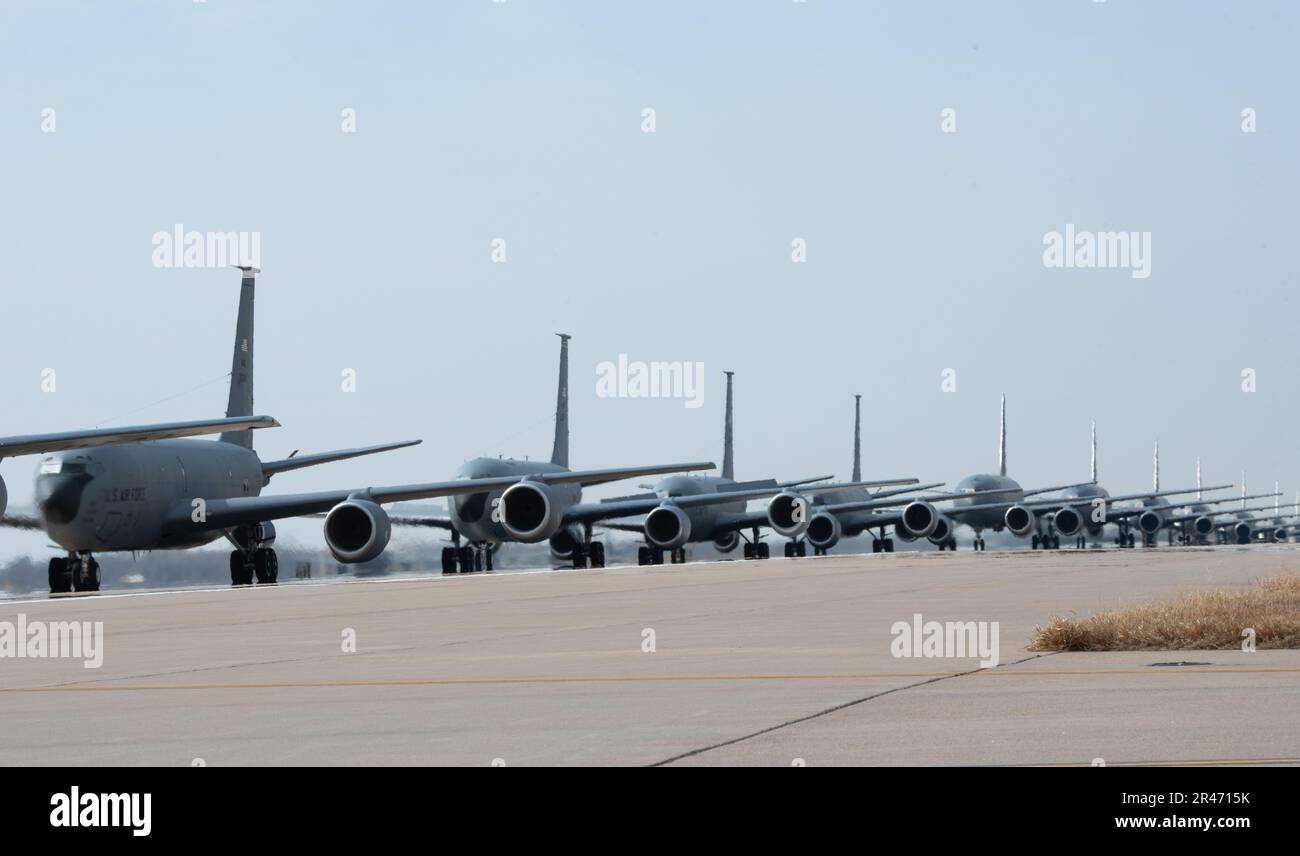 Sixteen KC-46 Pegasus and five KC-135 Stratotankers perform an elephant walk during Exercise ...
