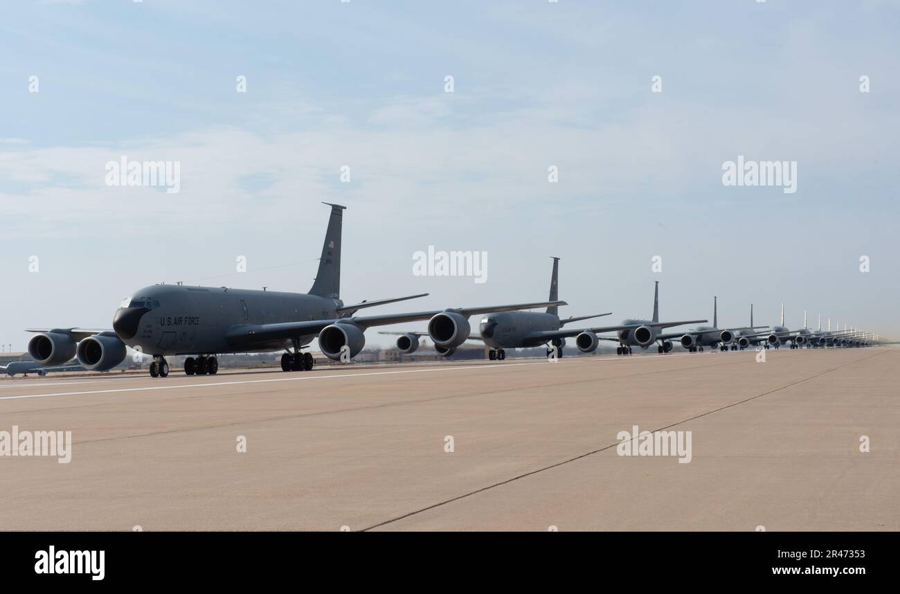 Sixteen KC-46 Pegasus and five KC-135 Stratotankers perform an elephant walk during Exercise ...