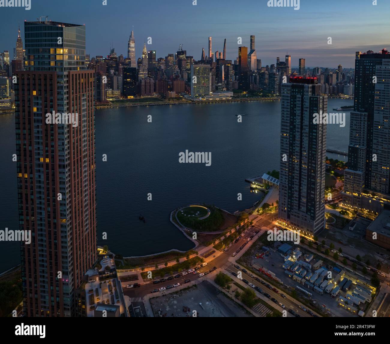An aerial view of the bustling cityscape of New York with prominent ...