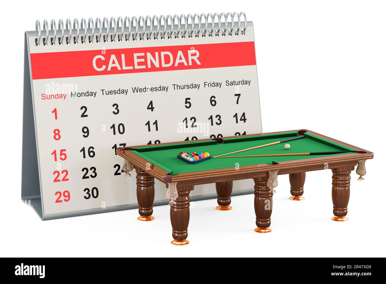 Billiard table with balls and cue with desk calendar, 3D rendering ...