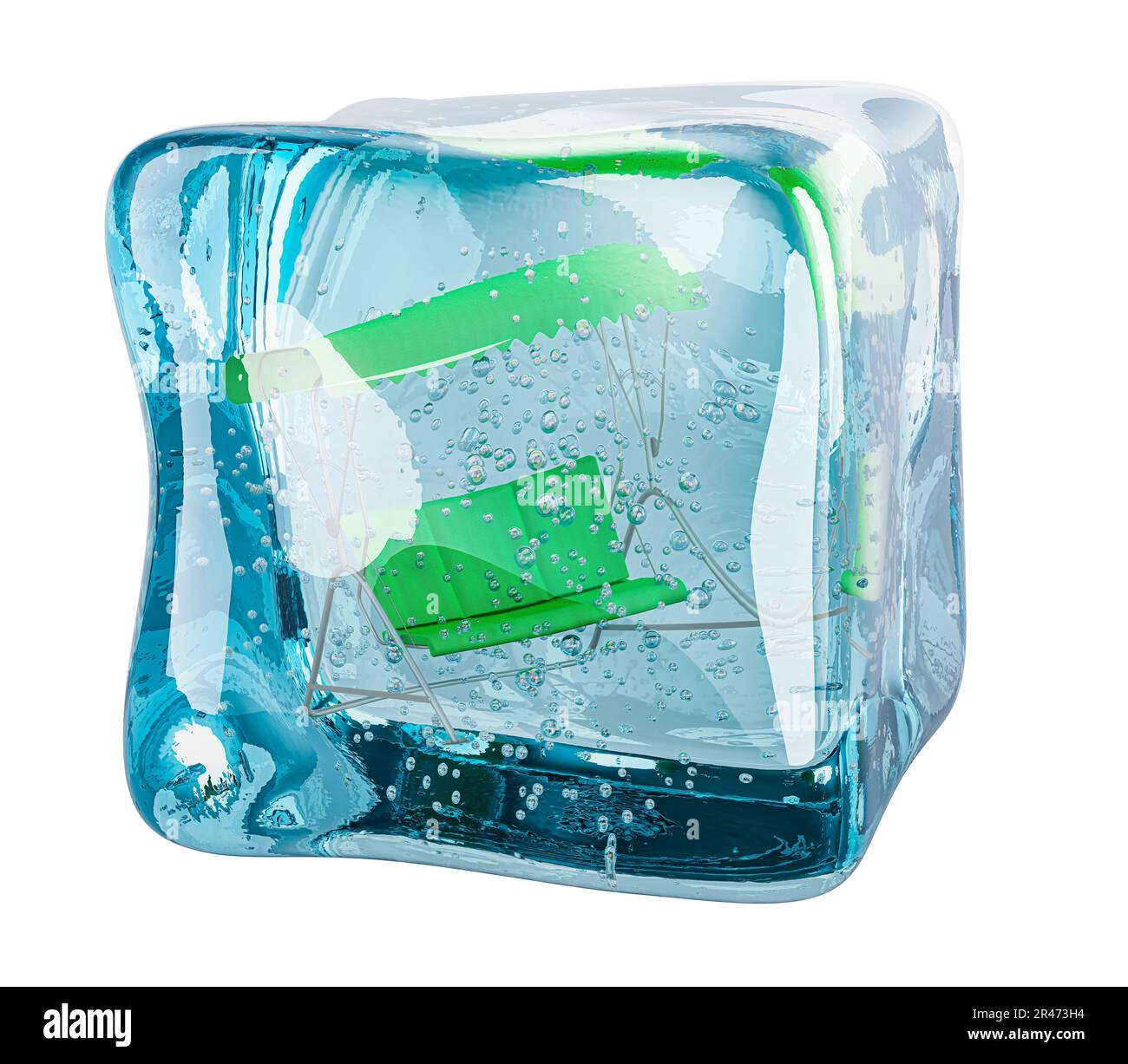Garden swing with canopy frozen in ice cube, 3D rendering isolated on ...