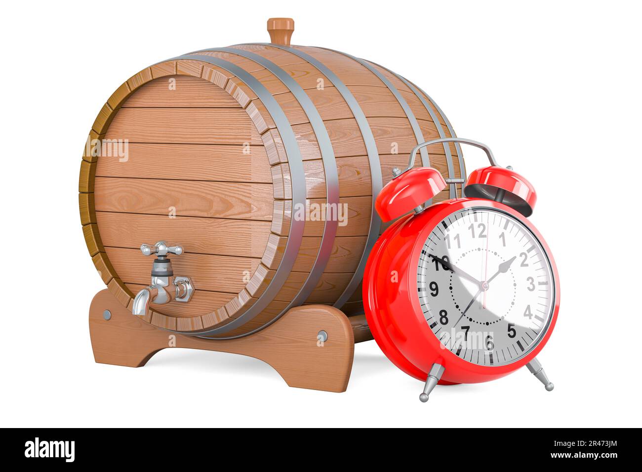 Wooden barrel with valve and stand with alarm clock, 3D rendering ...