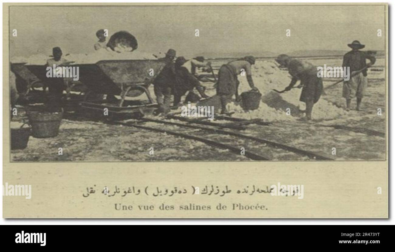 Une vue des salines de Phocee. Salt being loaded and transported with ...