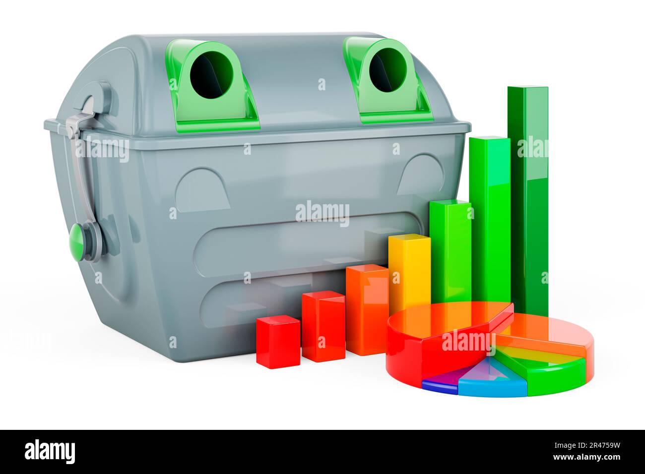 Gray garbage container with growth bar graph and pie chart, 3D ...