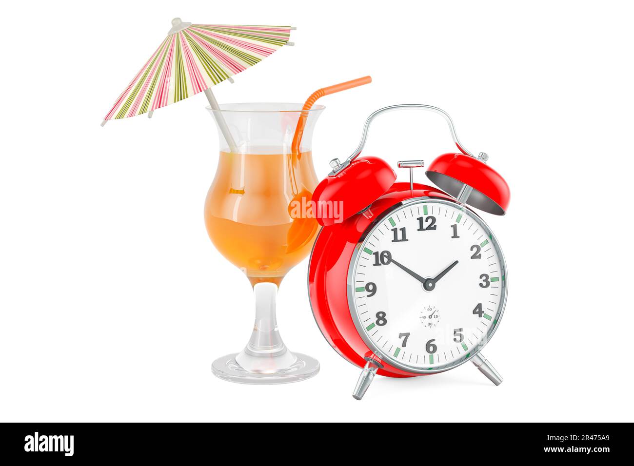 Tropical cocktail with alarm clock, 3D rendering isolated on white ...