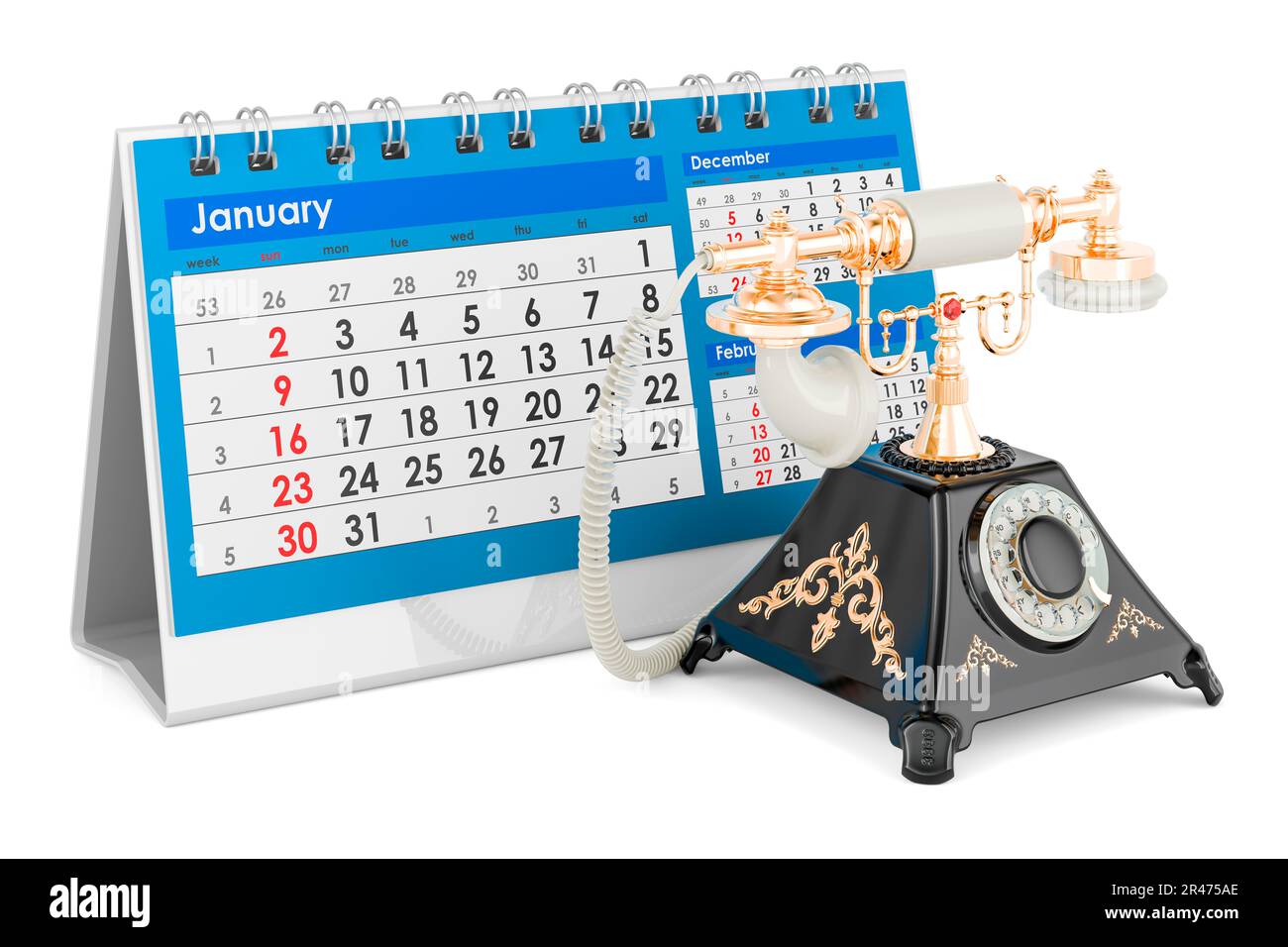Old-fashioned phone with desk calendar. 3D rendering isolated on white ...