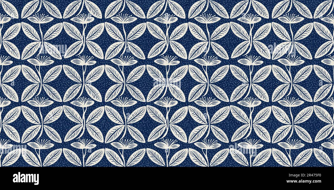 Masculine indigo floral blockprint linen seamless border. All over ...