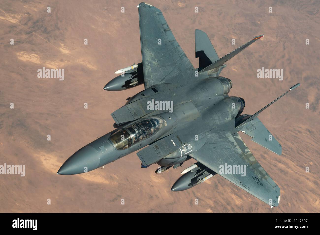 A U.S. Air Force F-15E Strike Eagle assigned to the 389th Expeditionary Fighter Squadron, flies ...