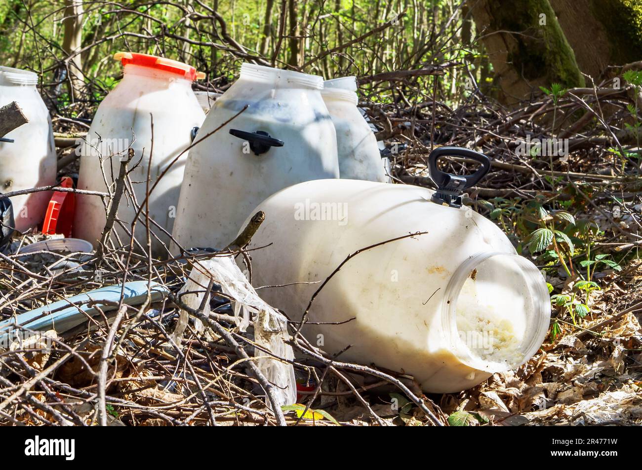 Construction debris in the woods. Forest and household waste. A ...
