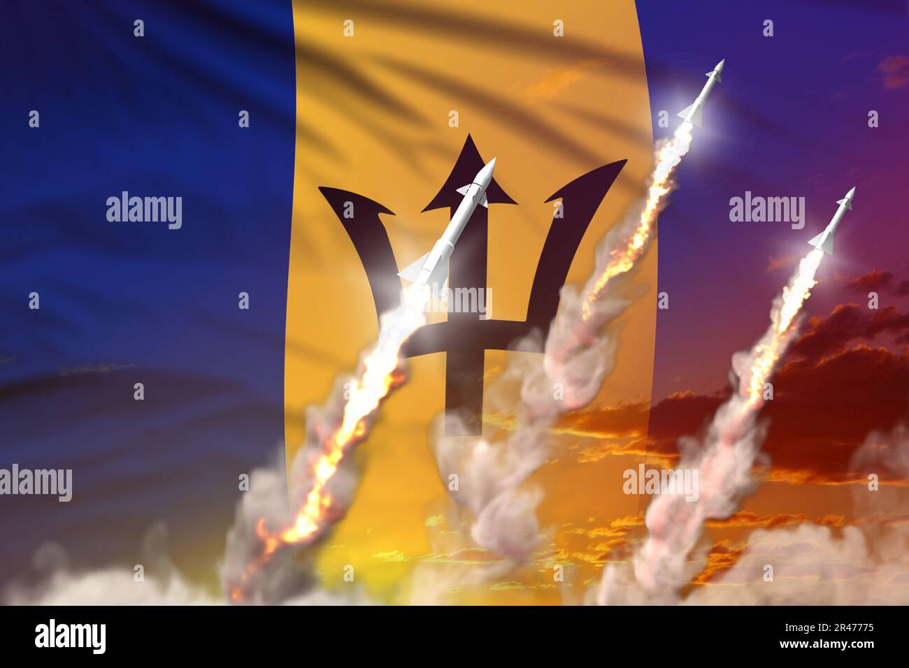 Modern strategic rocket forces concept on sunset background, Barbados ...