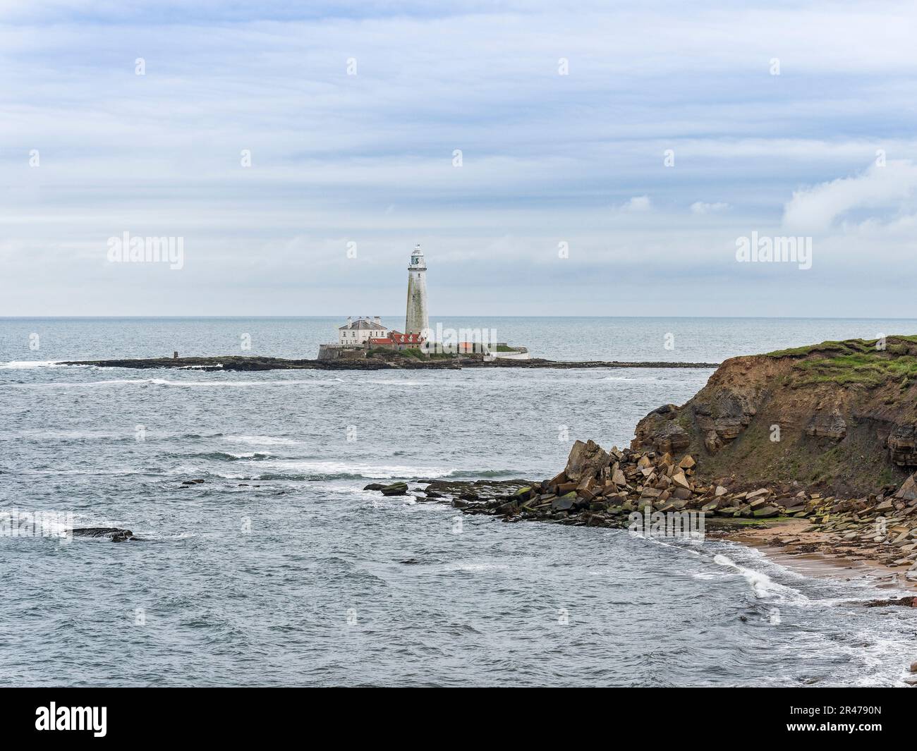 St Marys Island and lighthouse at Whitley Bay, North Tyneside, UK with ...
