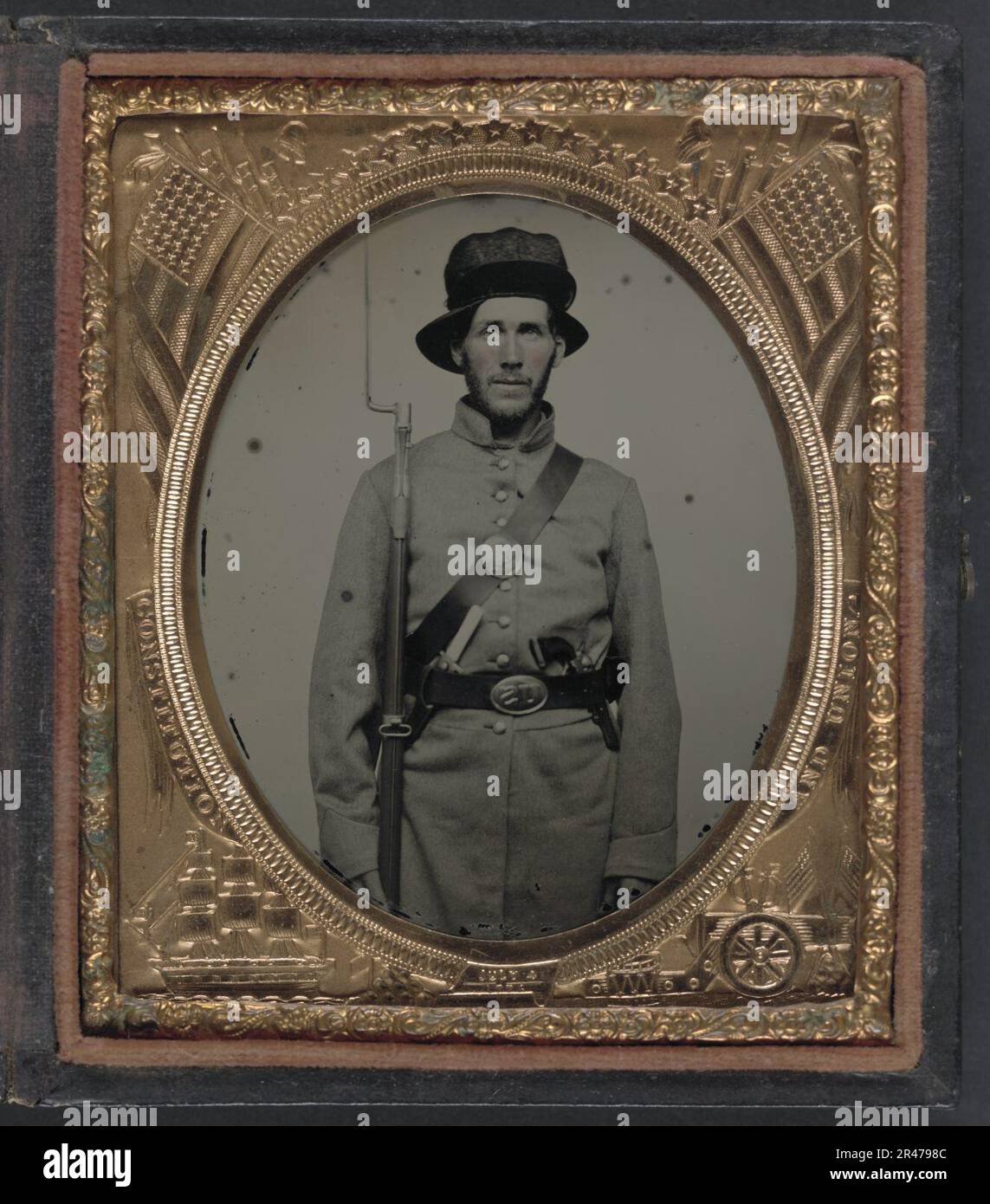 Unidentified soldier in Union frock coat and havelock-hat combination ...