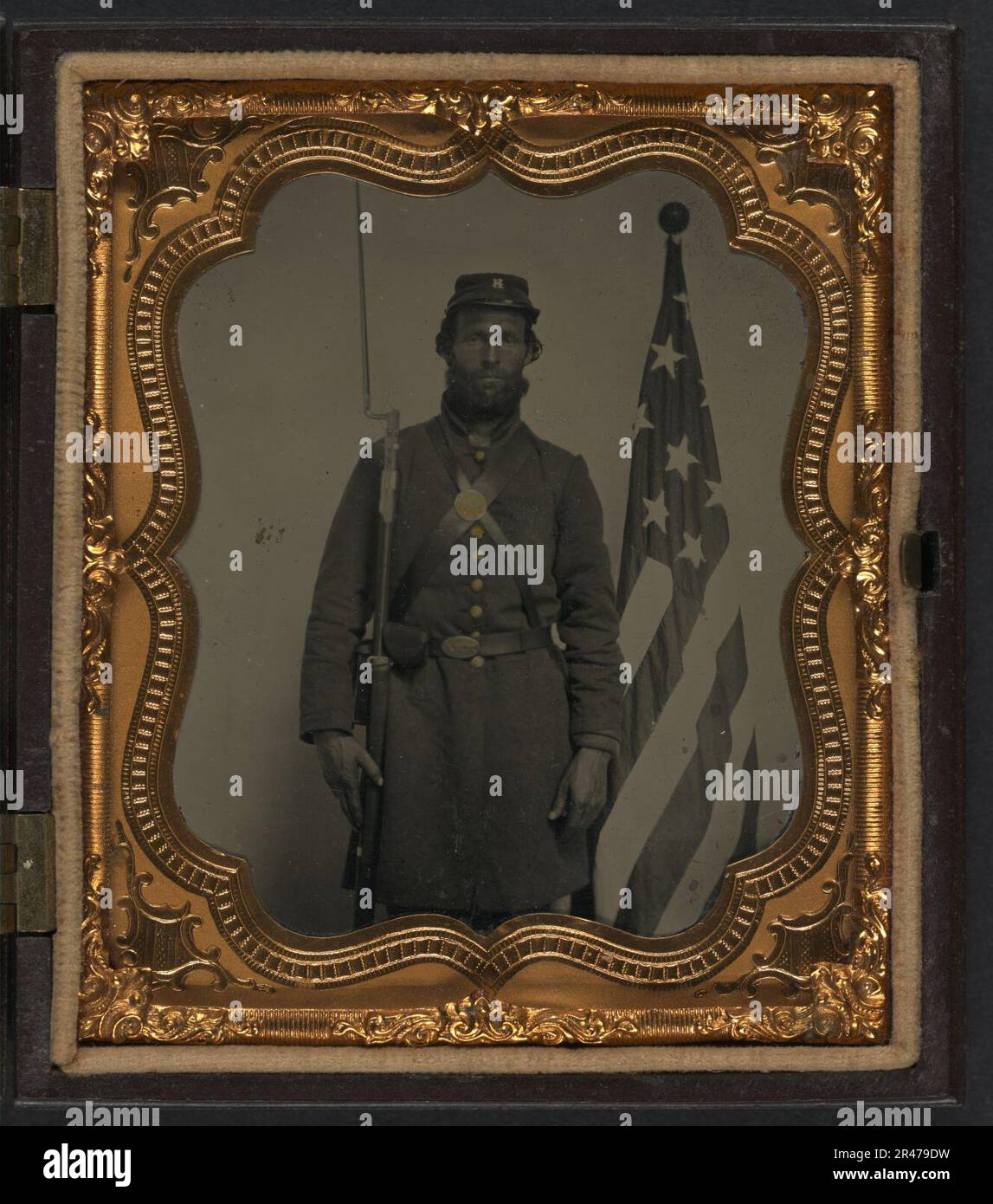 Unidentified soldier in Union uniform and Company H cap with bayoneted ...