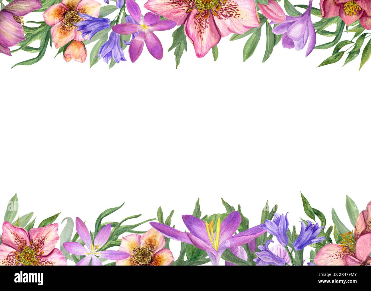 Vertical rectangle floral frame with watercolor hellebores, crocuses ... Vertical rectangle floral frame with watercolor hellebores, crocuses ...