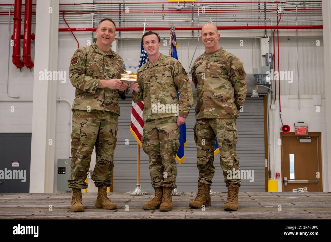 Senior Airman Noah Irwin, 32nd Aerial Port Squadron member, receives ...