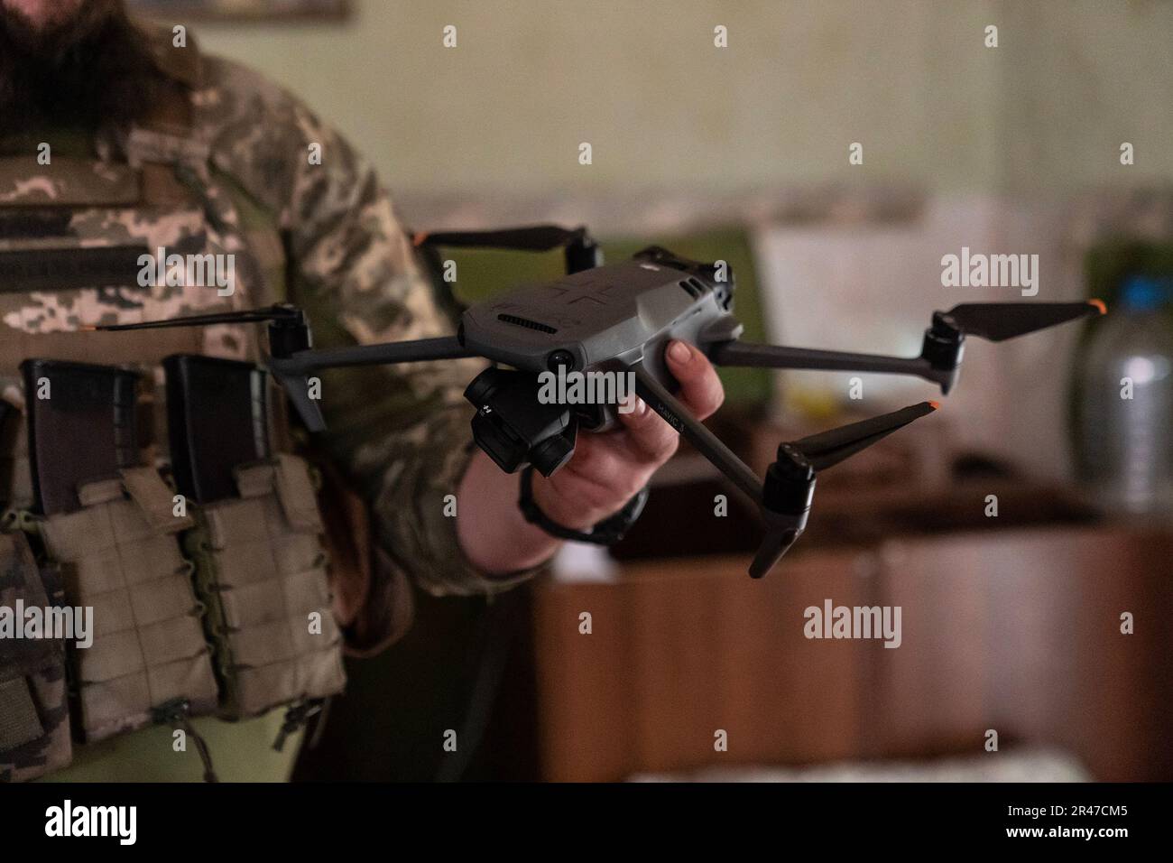 Ukraine. 26th May, 2023. Pavlo, Member of Special Ukrainian army unit of drones displays DJI ...