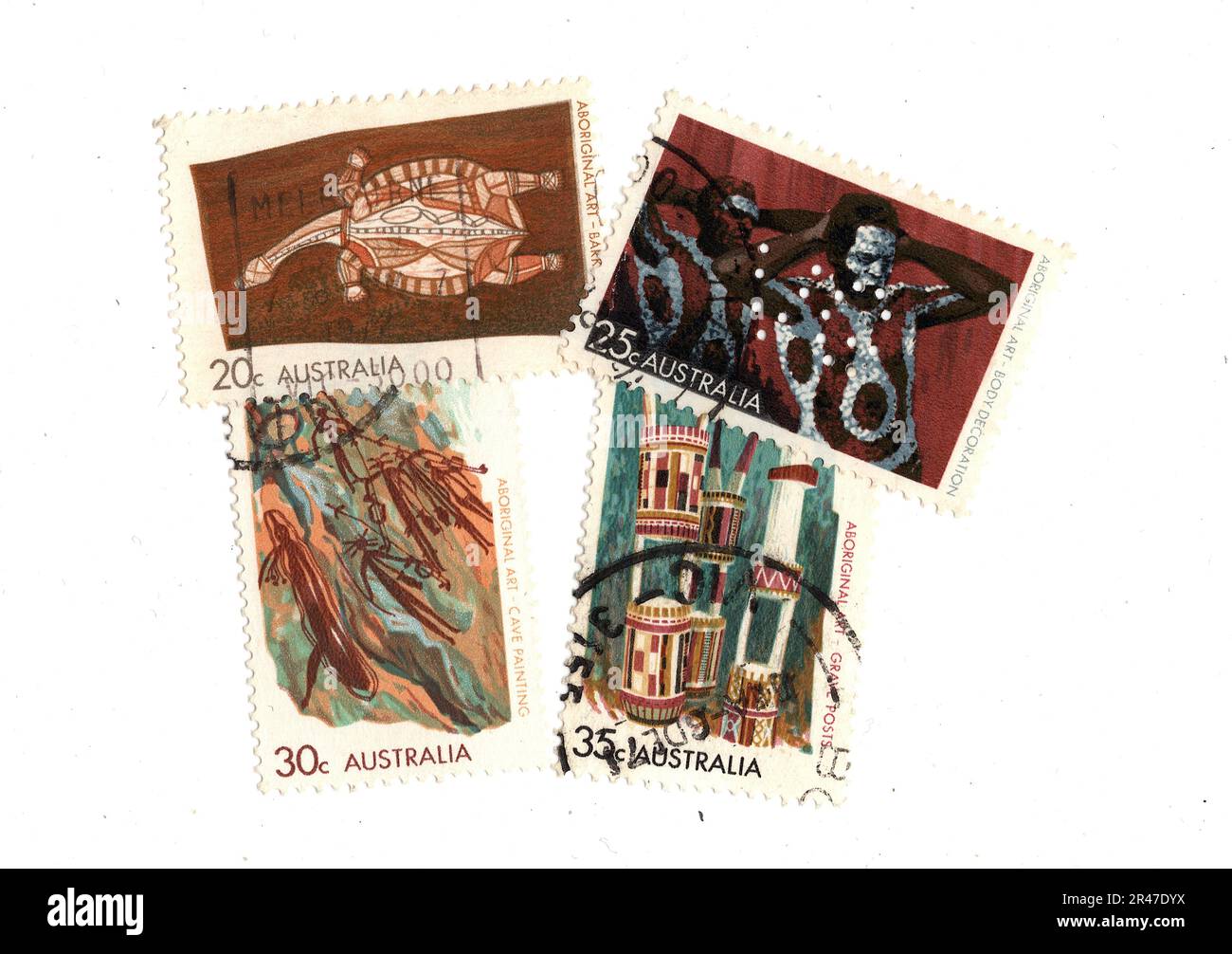 Vintage postage stamps from Australia featuring Aboriginal art isolated ...