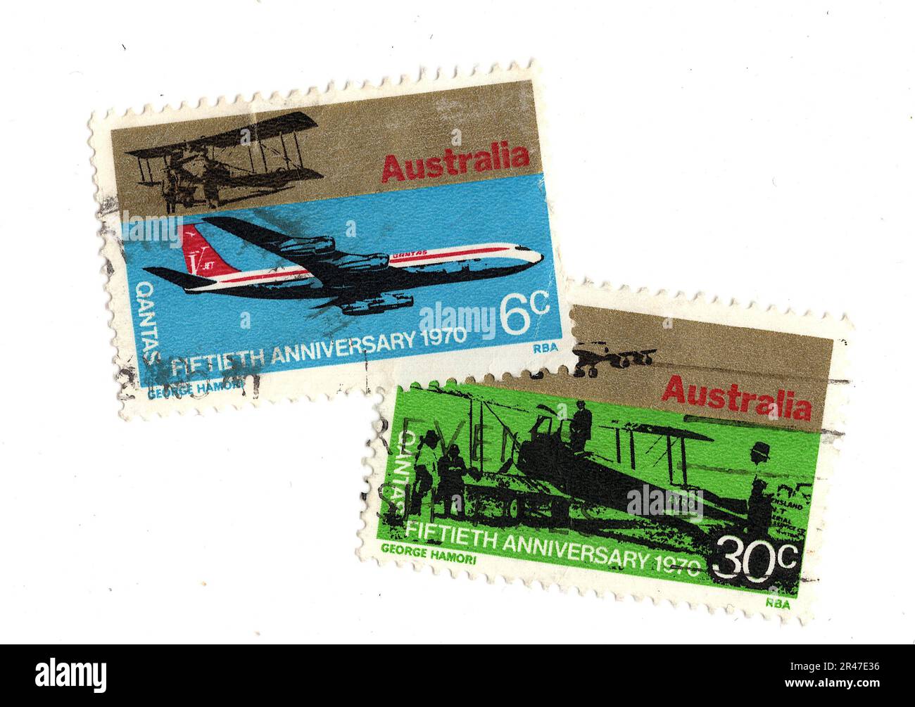 Vintage postage stamps from Australia featuring old and new Qantas ...
