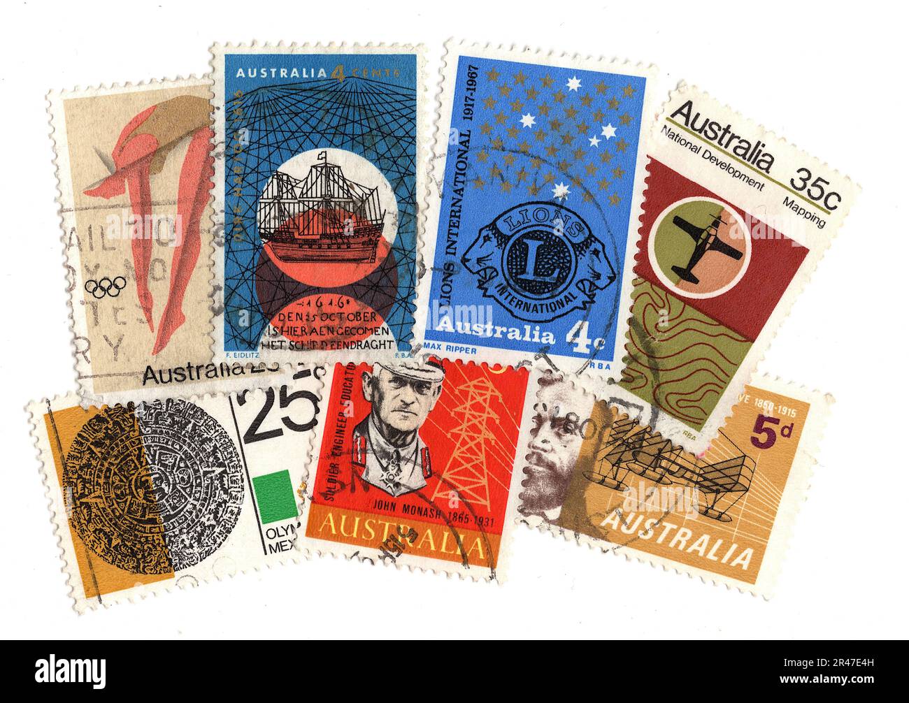 Vintage postage stamps from Australia featuring heritage isolated on a ...