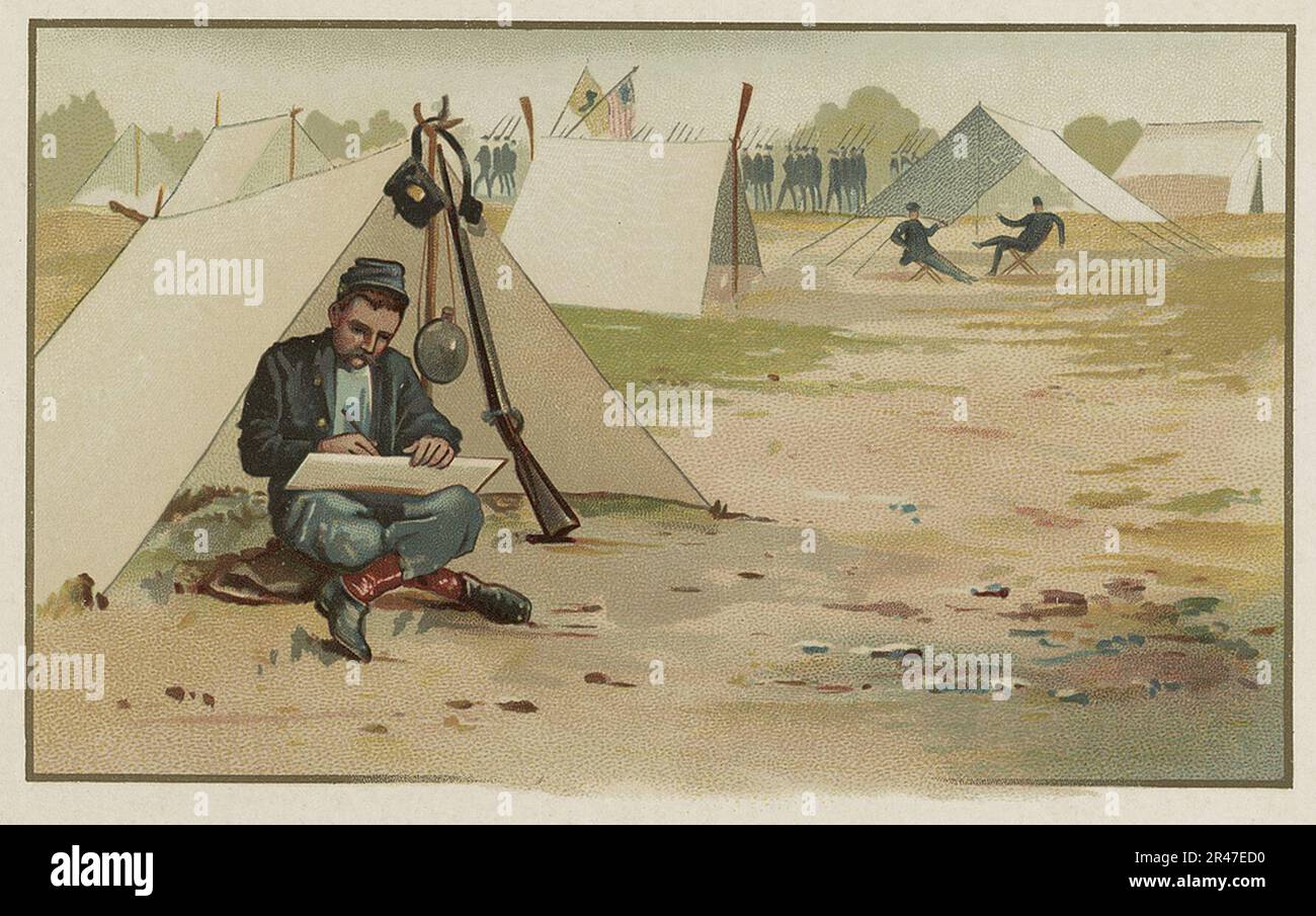 Union soldier making a drawing while sitting in front of tent at army ...