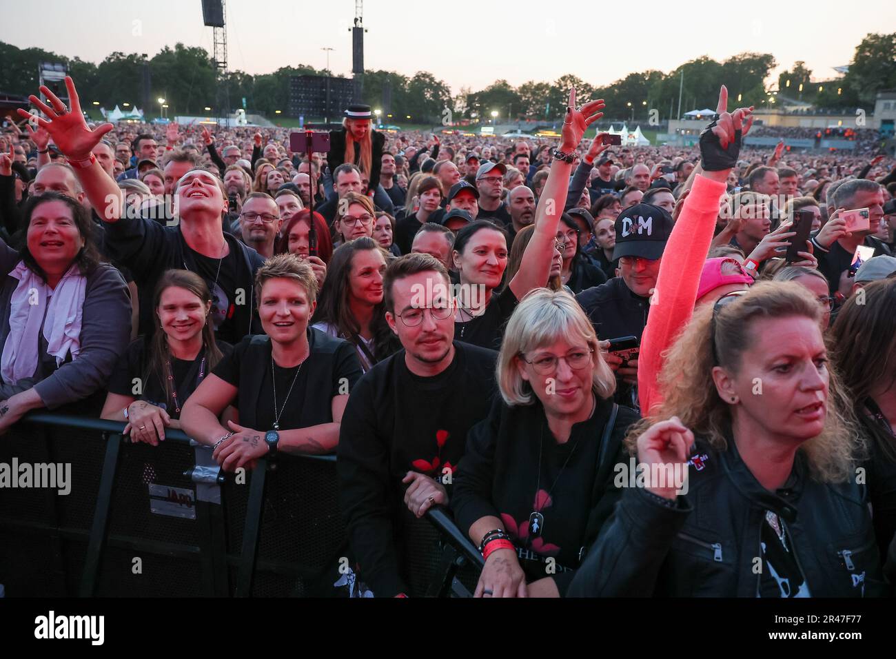 Leipzig, Germany. 26th May, 2023. Fans of Depeche Mode sing at the first concert of the "Memento ...