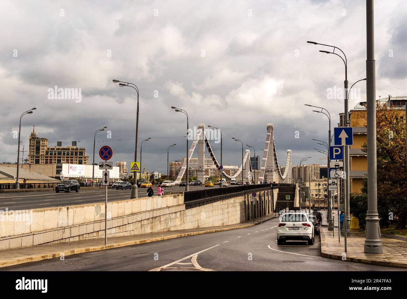 A scenic view of the Crimean Bridge in Moscow, Russia, on a cloudy day ...