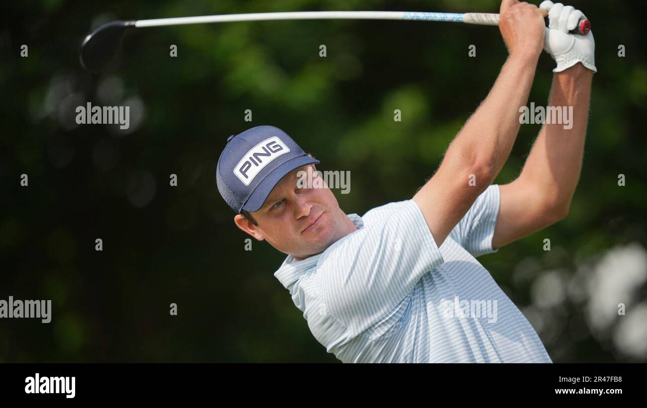 Harris English hits a tee shot on the eighth hole during the second ...