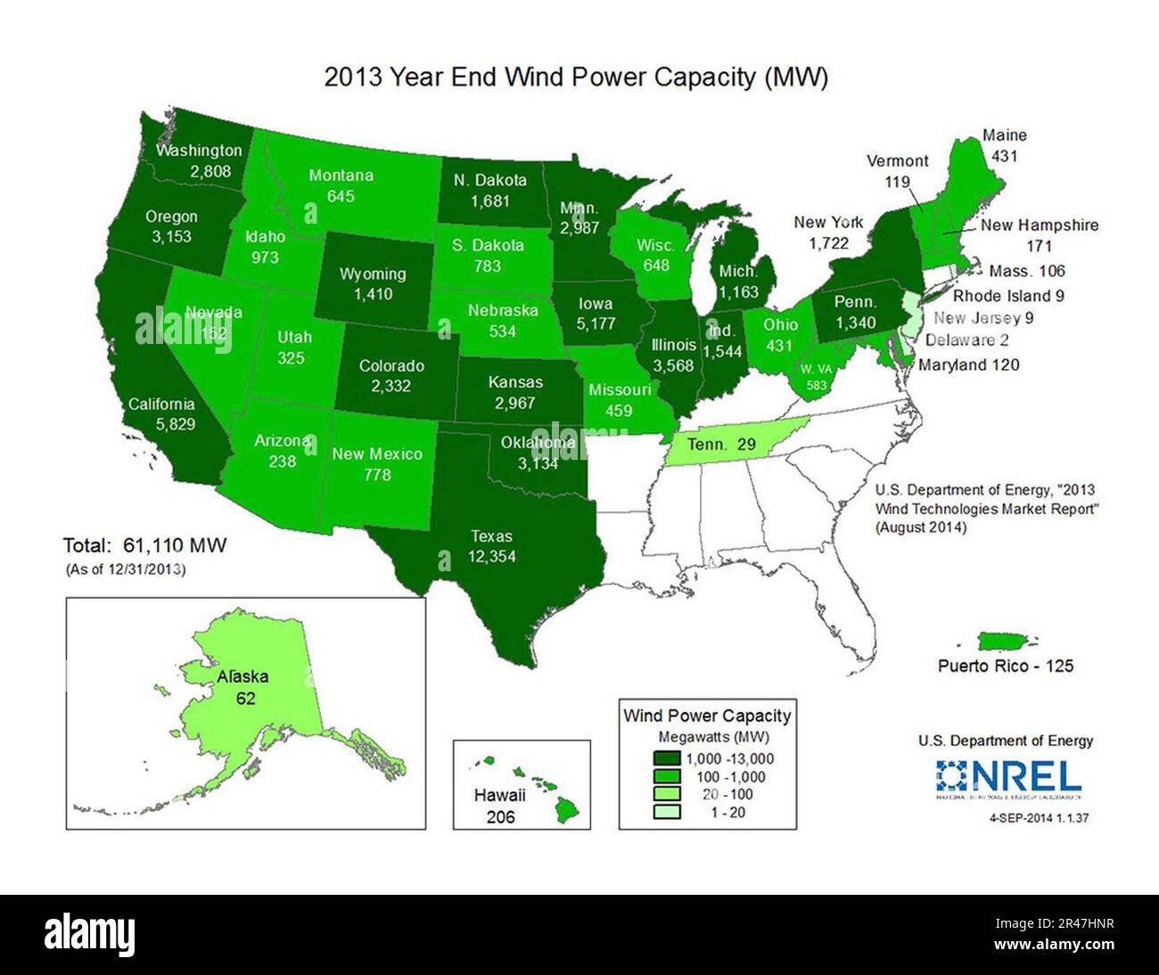United States installed wind power capacity by state 2013 Stock Photo ...