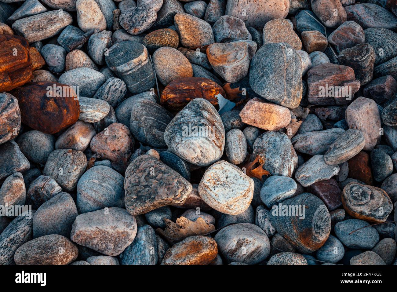 A close-up view of a variety of colored pebbles scattered across the ...