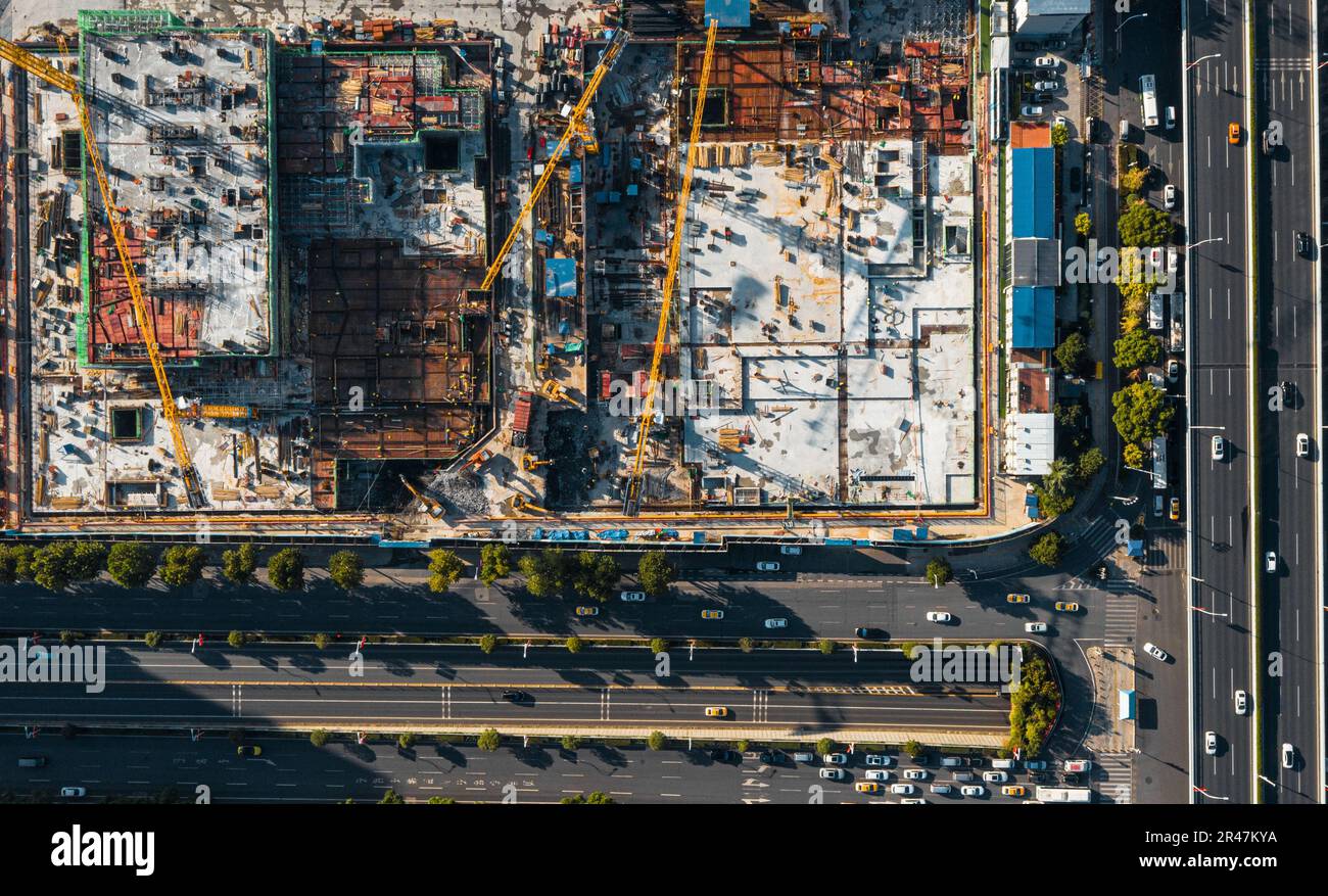 An aerial view of a construction site showing a new building in the ...