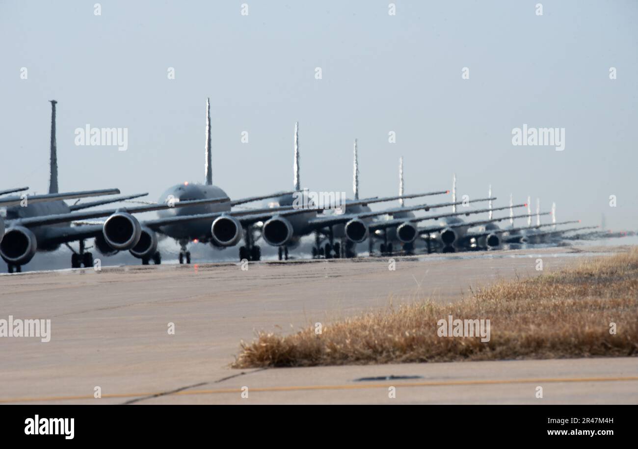 Sixteen KC-46 Pegasus and five KC-135 Stratotankers perform an elephant walk during Exercise ...