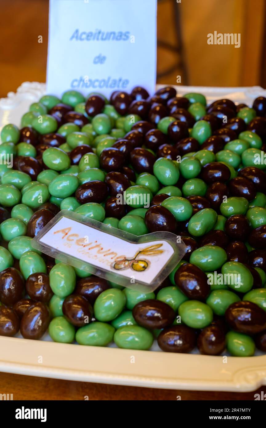 Sweet fruit candy beads in artisan Spanish confectionery shop, english ...