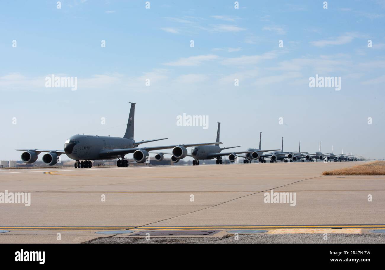 Sixteen KC-46 Pegasus and five KC-135 Stratotankers perform an elephant ...