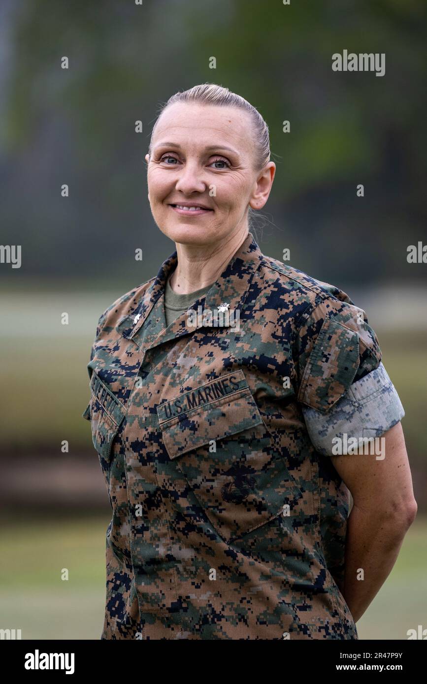 U.S. Marine Corps Lt. Col. Christie Everett, commanding officer of Headquarters and Support ...