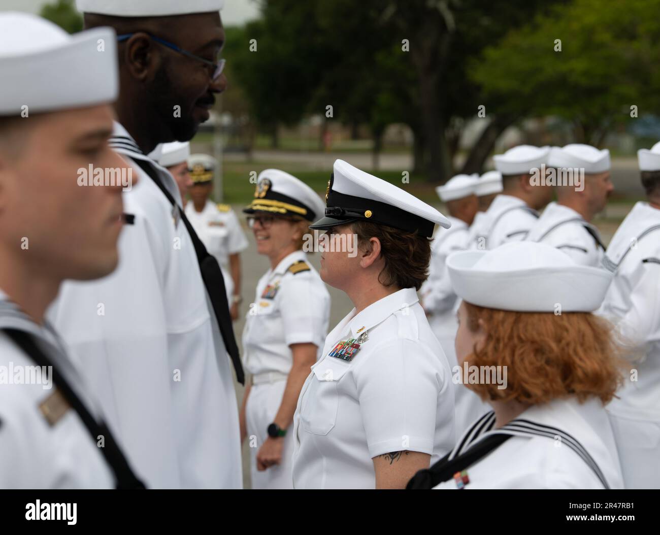 Command leadership conducts a dress whites uniform inspection, Apr. 07 ...