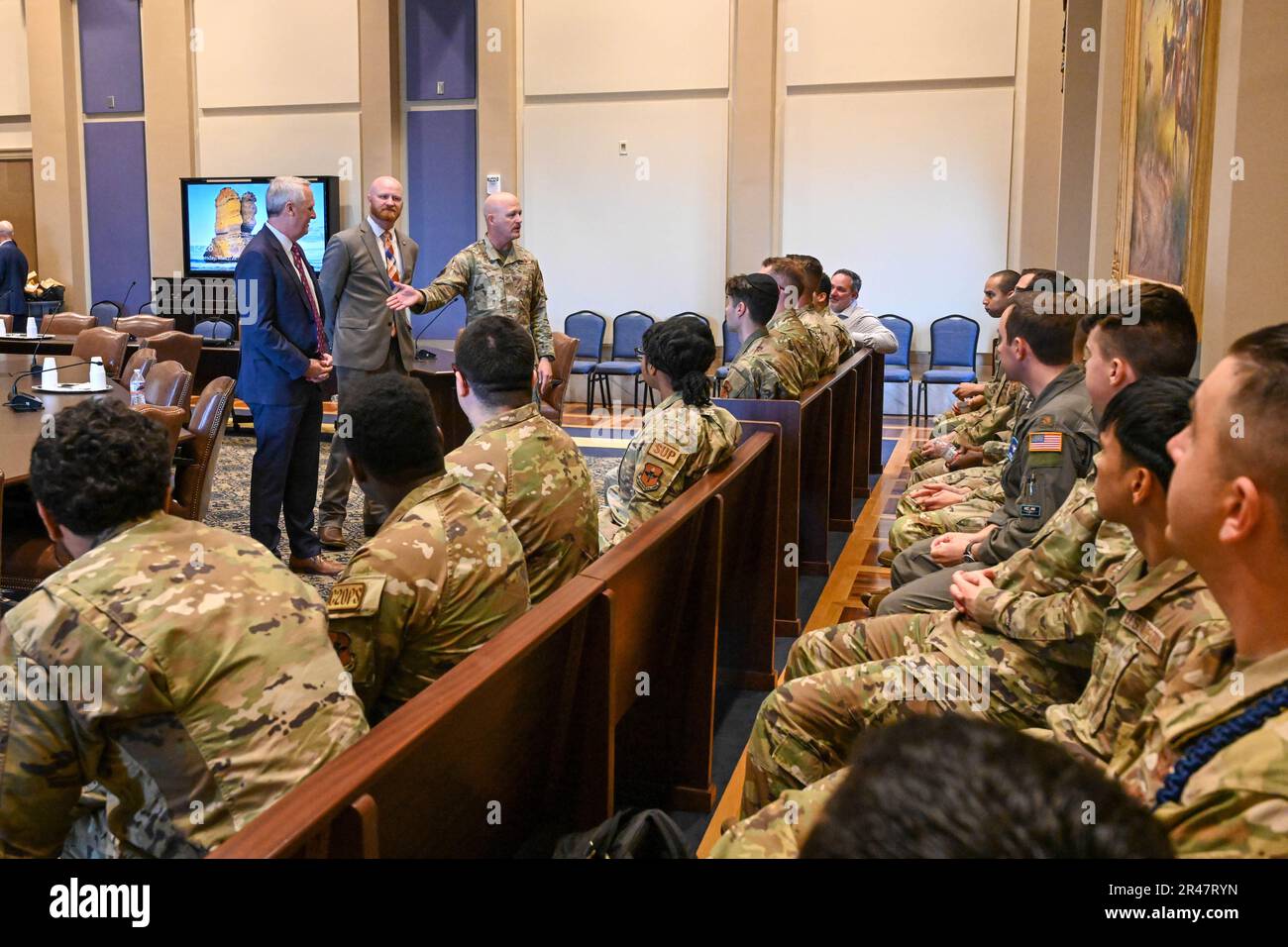 U.S. Air Force Col. Blaine Baker, 97th Air Mobility Wing commander, introduces Airmen from Altus ...