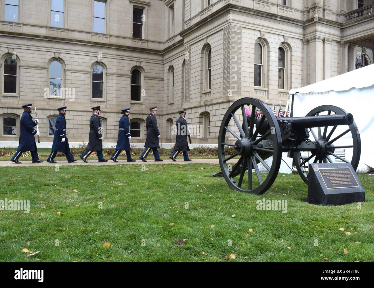 Members of the Michigan National Guard's Joint Color Guard retire the ...