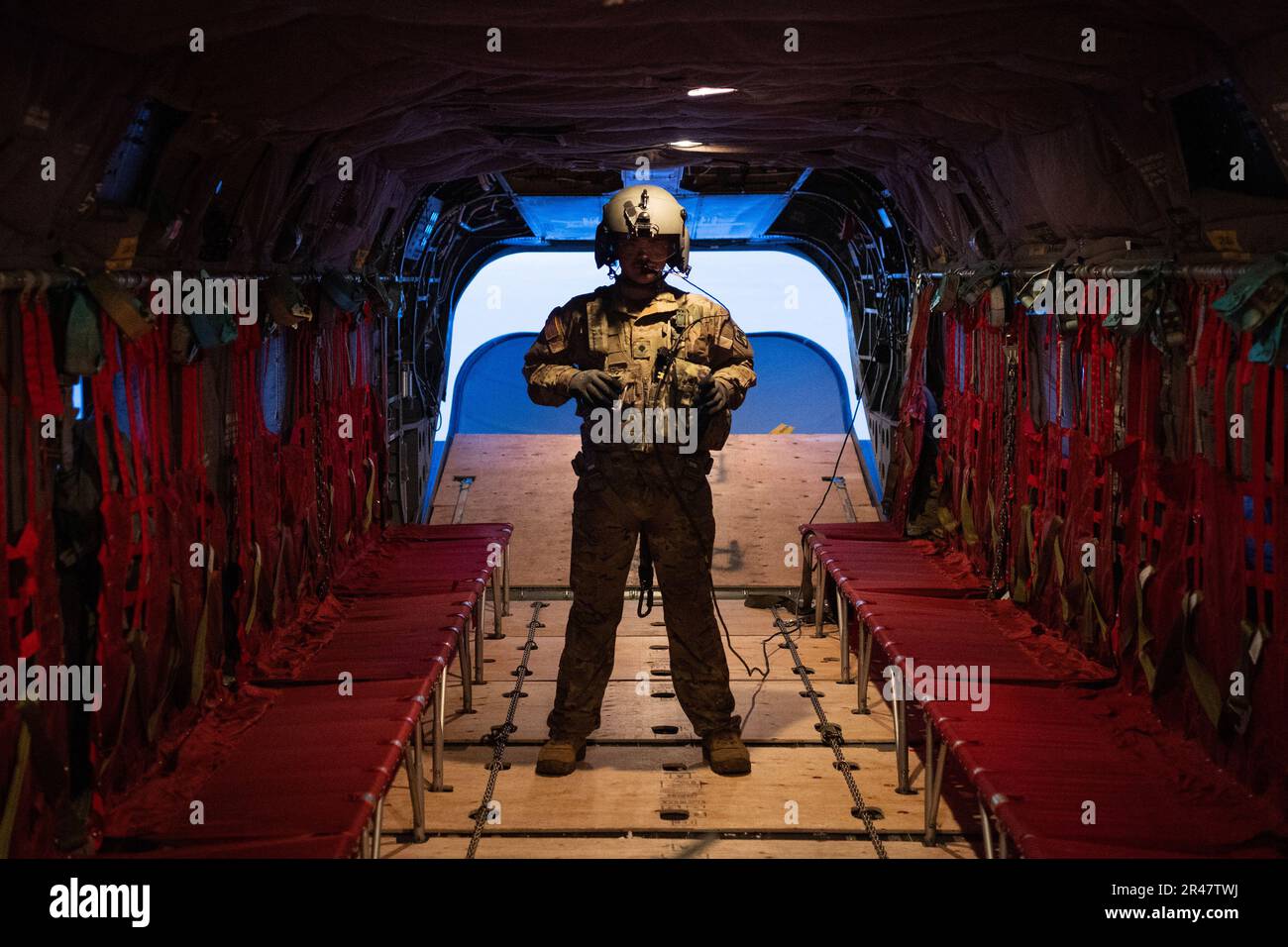 U.S. Army Spc. Alexander Hayes, a CH-47F Chinook crew chief with Bravo ...