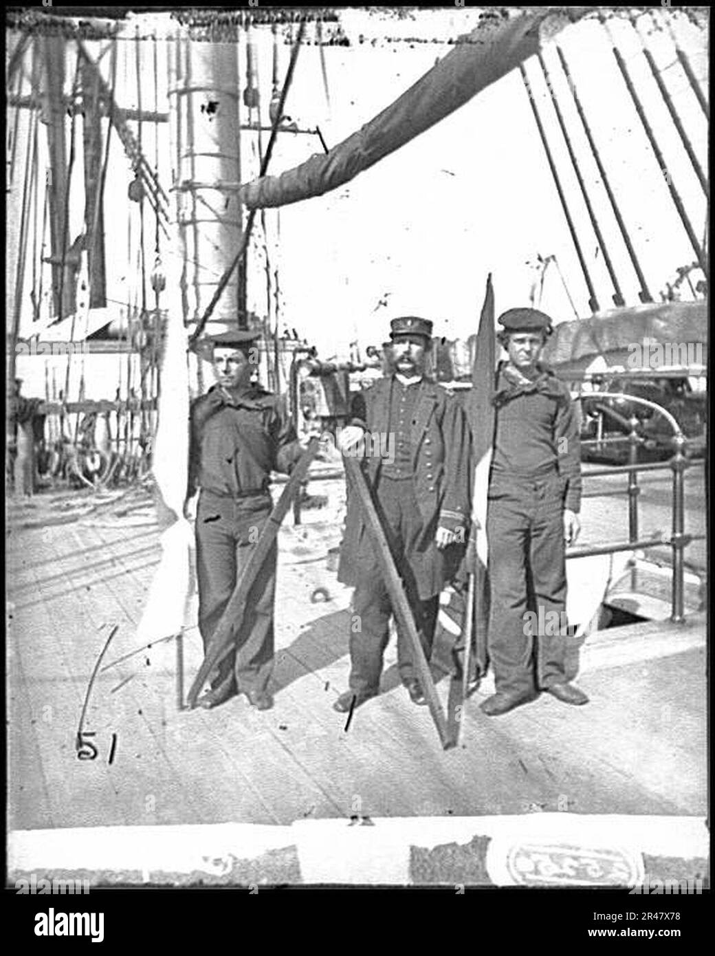 Unknown location. Signalmen of Rear Admiral John A. Dahlgren's flagship receiving a message from ...
