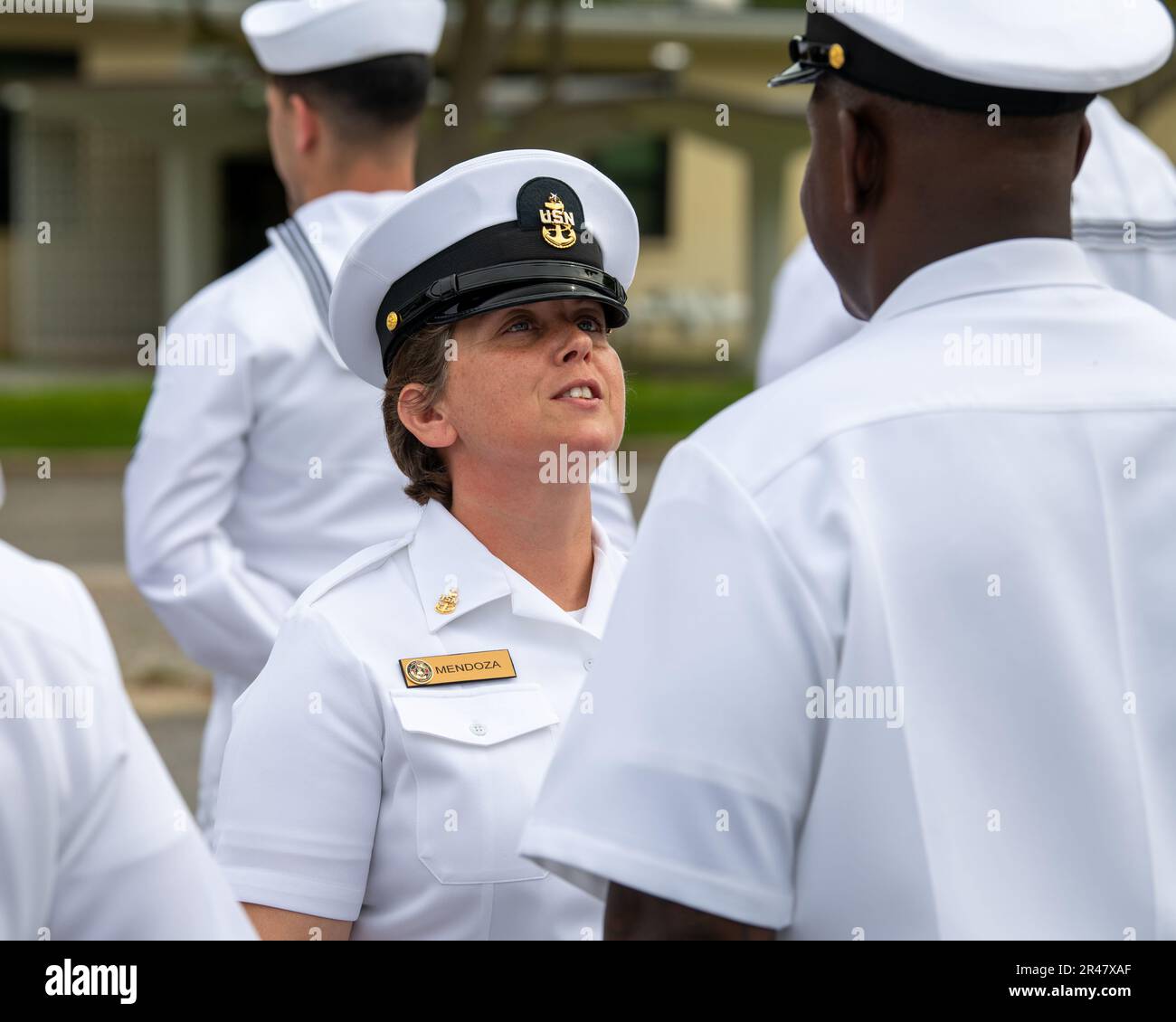 Command leadership conducts a dress whites uniform inspection, Apr. 07 ...