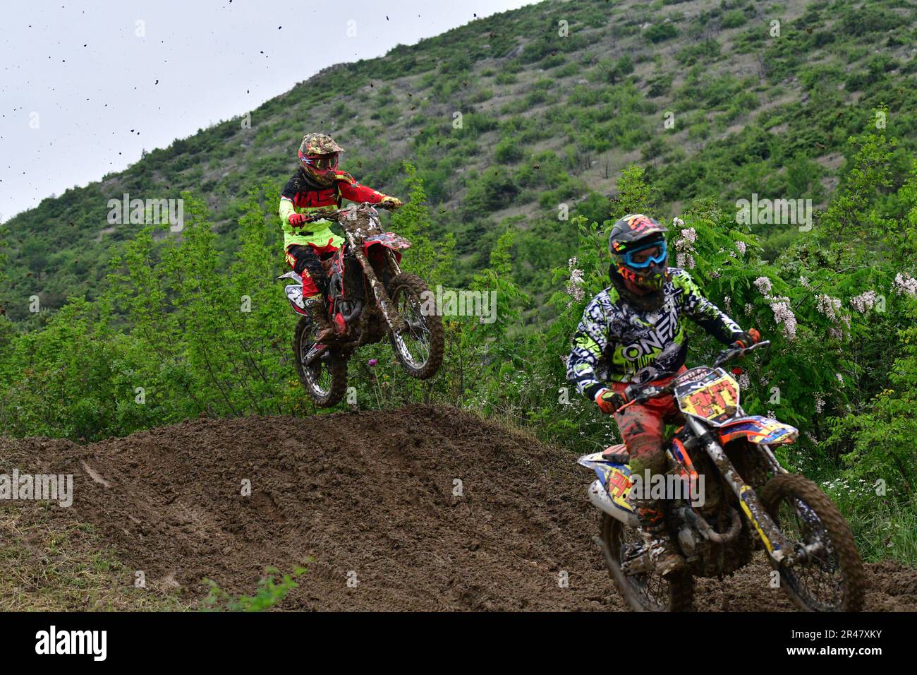 Orman, Macedonia, May 14 2023. In rainy weather and a muddy track ...